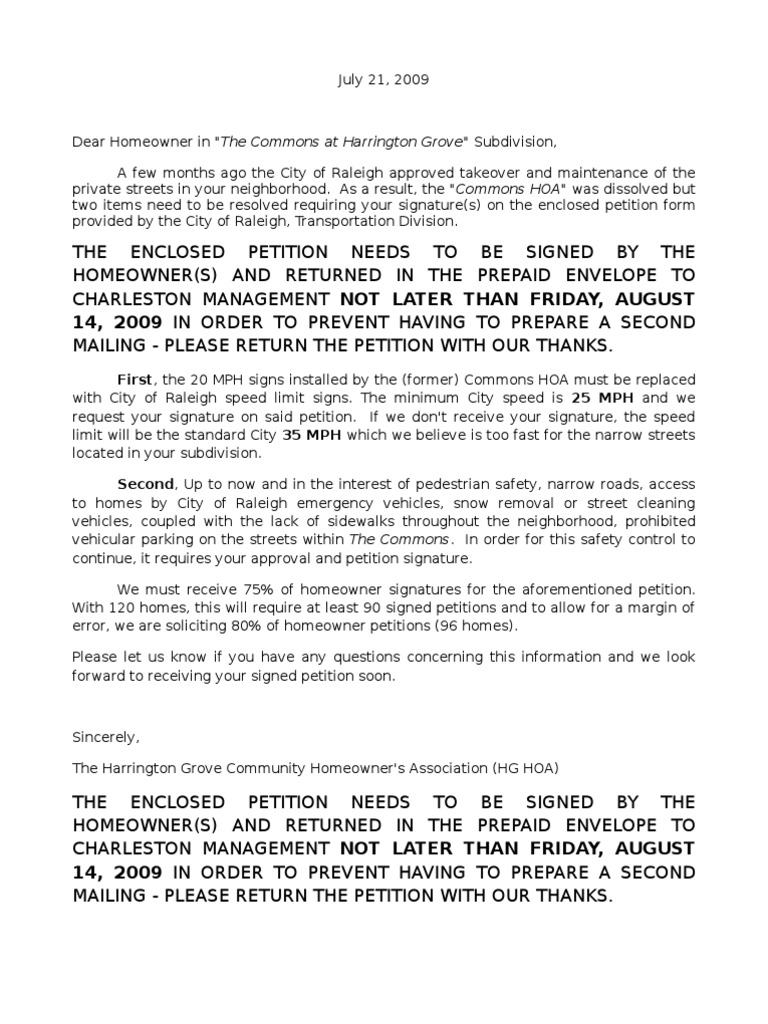 Commons - Subdivision - Petition - Letter - To - Homeowners Townmeade ...