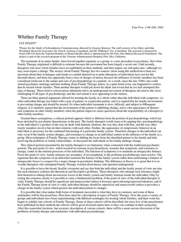 Whither Family Therapy: Fam Proc 1:69-100, 1962 | PDF | Family Therapy ...