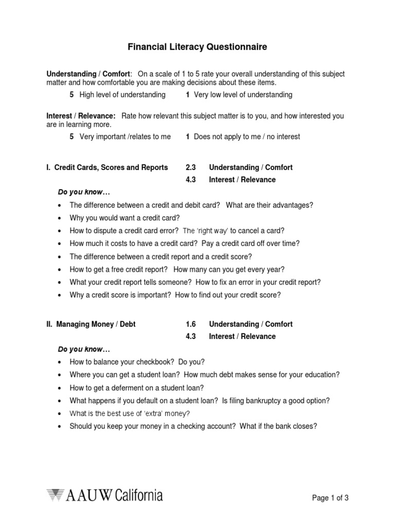 Financial Literacy Questionaire | Credit History | Credit (Finance)