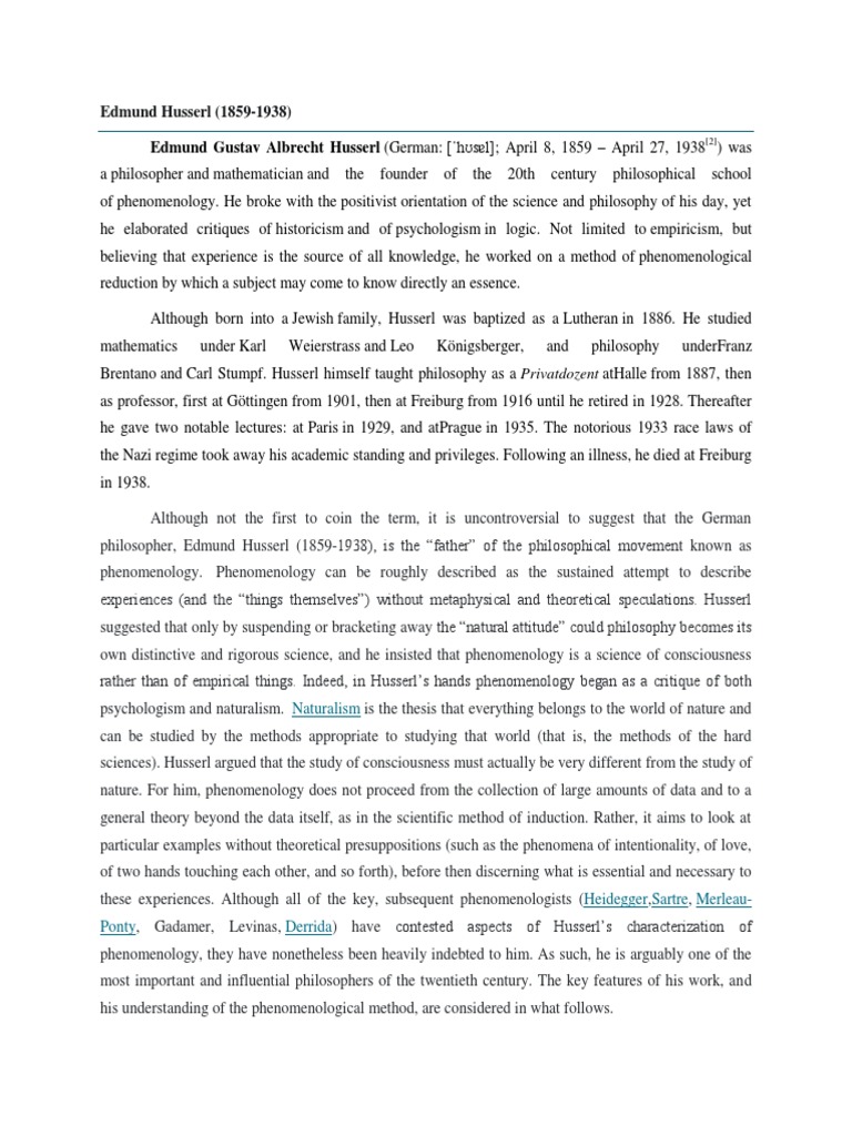 Edmund Gustav Albrecht Husserl (German: ( Hʊsɐl) April 8, 1859 - April ...