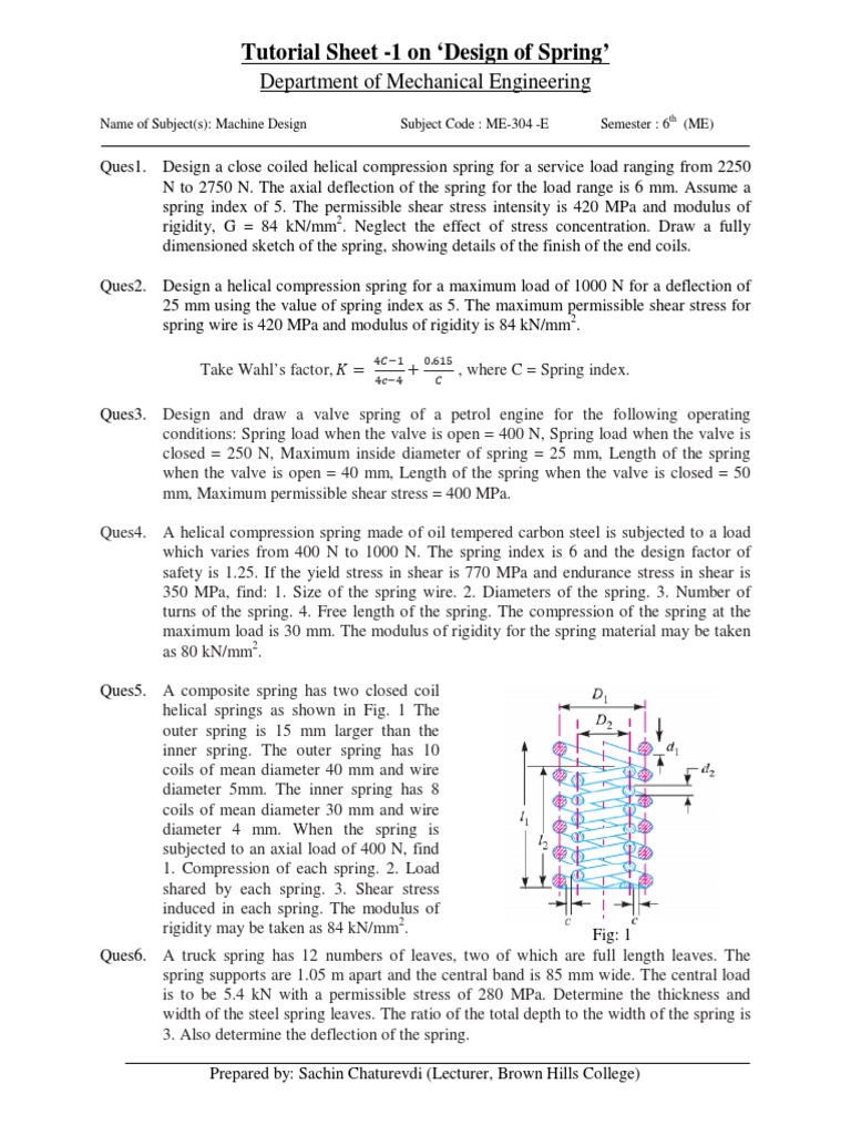 Tutorial Sheet - 1 On Design of Spring': Department of Mechanical ...