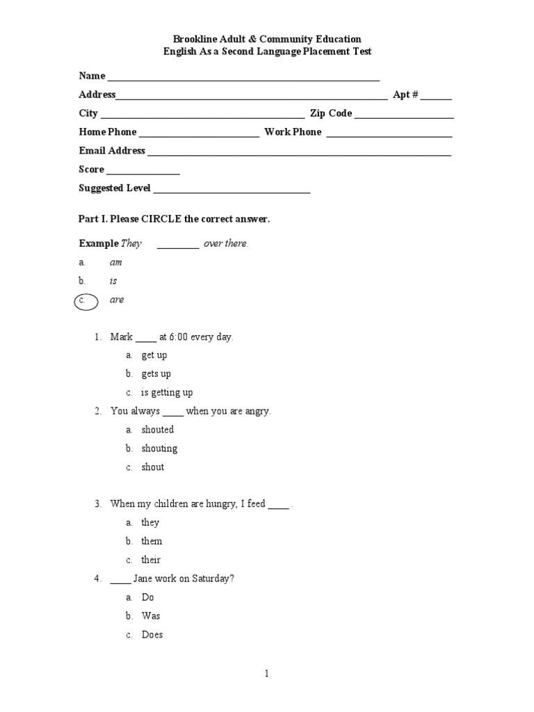 ESL Placement Test | English As A Second Or Foreign Language