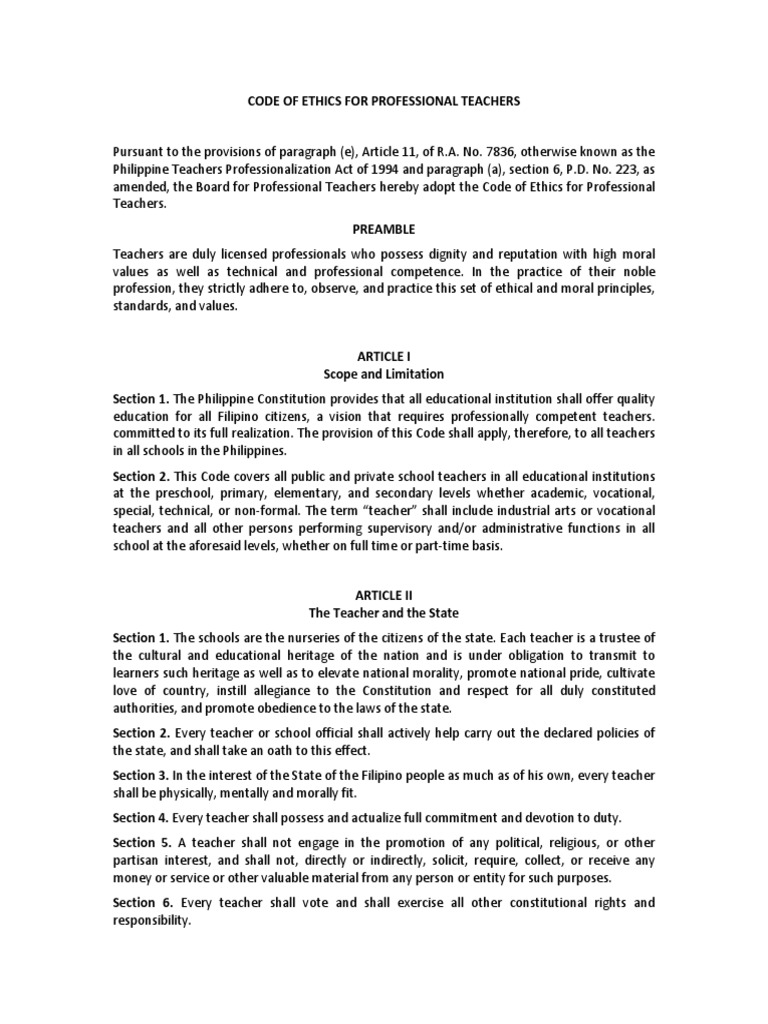 Code of Ethics for Professional Teachers | Profession | Teachers
