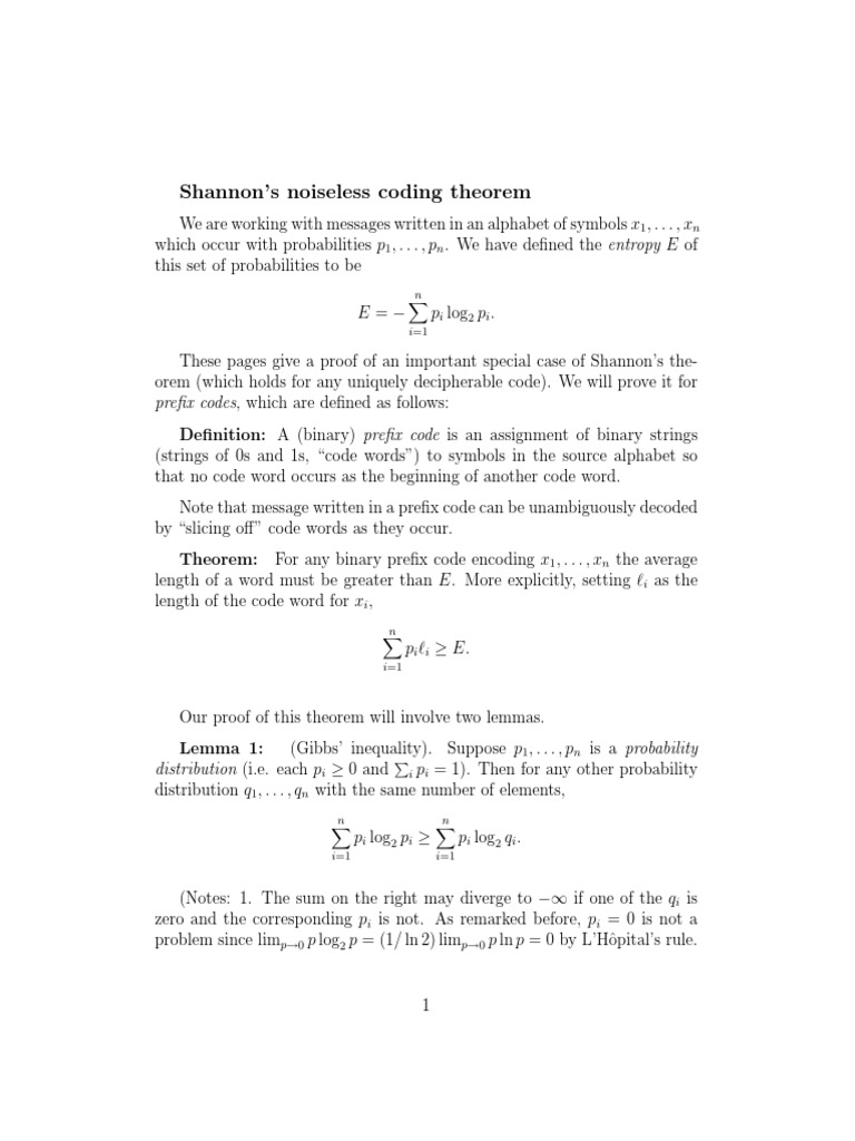 Shannons Noiseless Coding Theorem Pdf String Computer Science Code 6211