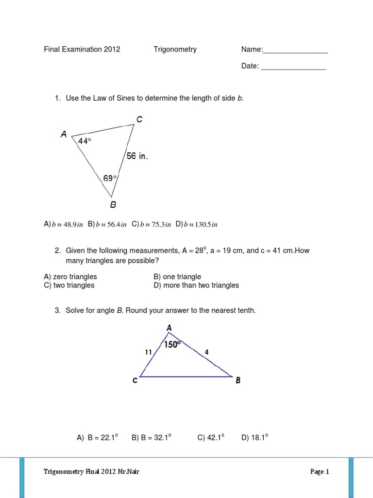 Trig Final Exam | Triangle | Trigonometric Functions