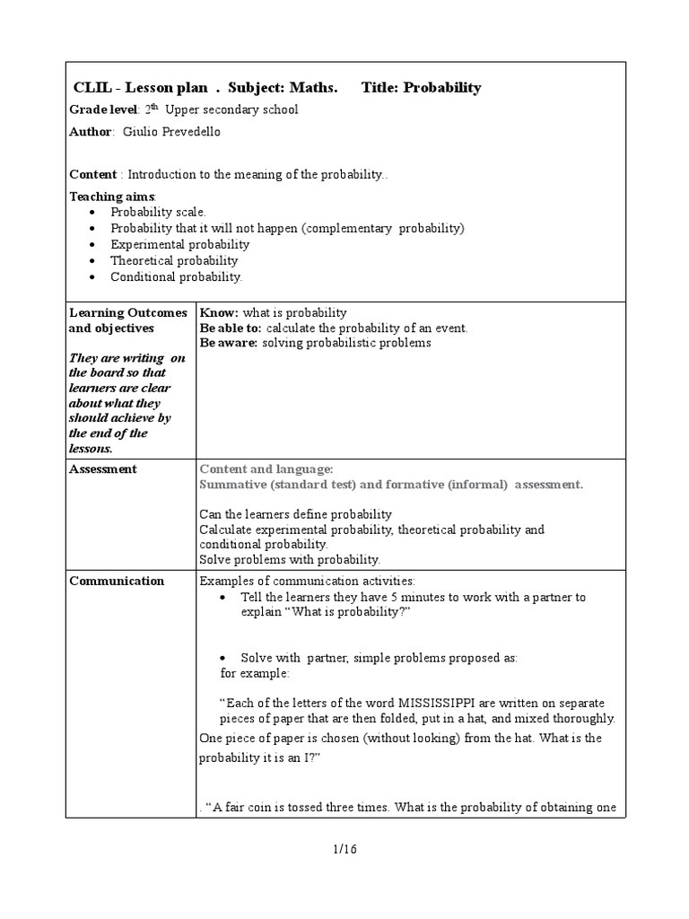 CLIL - Lesson Plan Probability | PDF | Probability Theory | Normal ...
