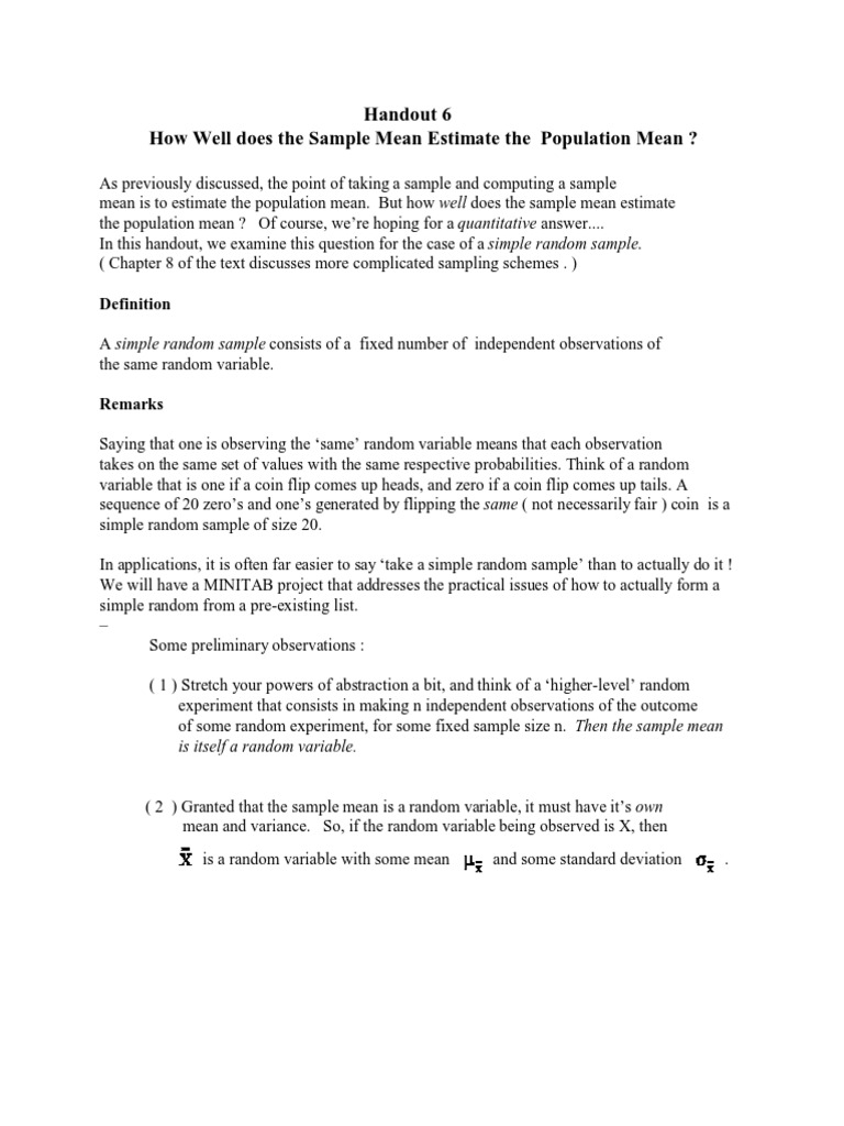 Handout 6 How Well Does The Sample Mean Estimate The Population Mean ...