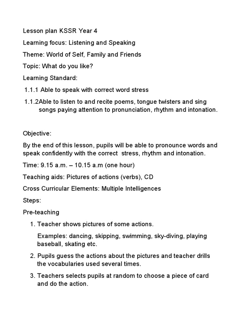 Year 4 Listening & Speaking Lesson Plan | PDF