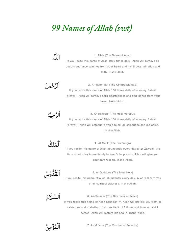 99 Names of Allah (SWT) | PDF | Semitic Words And Phrases | Religious ...