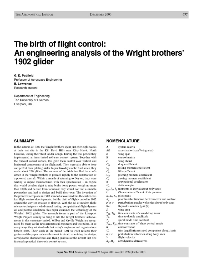 The Birth of Flight Control: An Engineering Analysis of The Wright Brothers' 1902 Glider | PDF ...