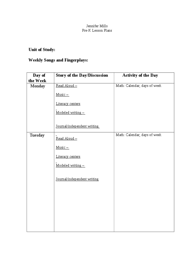 Pre-K Weekly Lesson Plans Overview | PDF