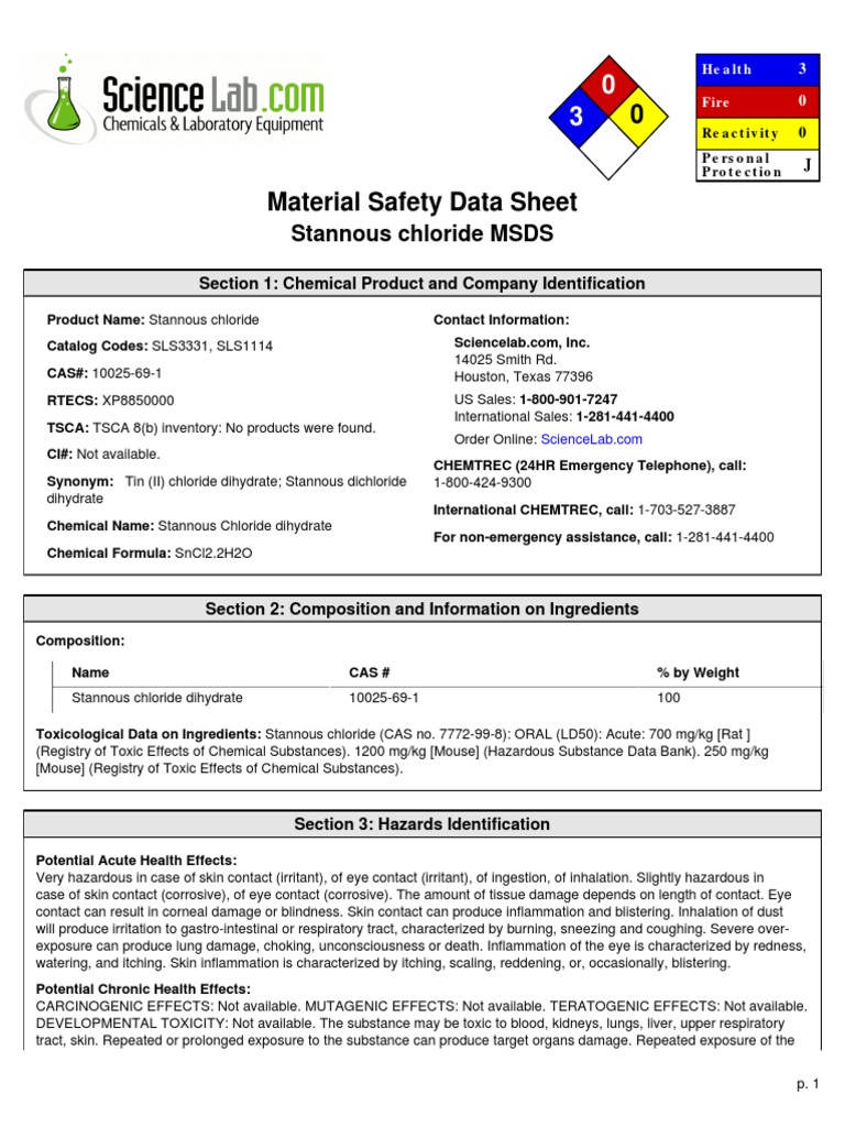Msds SnCl2 | PDF | Solubility | Explosion