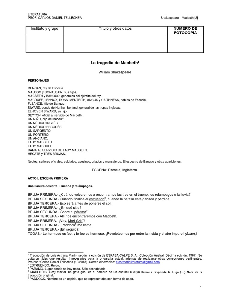 Tragedia de Macbeth: Análisis y Personajes | PDF | Macbeth | William ...