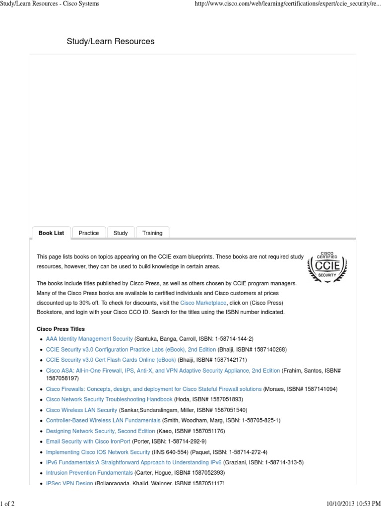 CCIE Security Book List | PDF | Internet Protocol Suite | Cisco Systems