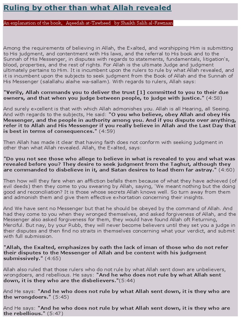 Ruling by Other Than What Allah Revealed | PDF | Tawhid | Prophets And ...