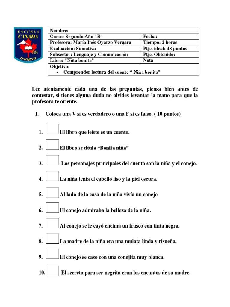 Evaluación del cuento "Niña Bonita" | PDF | Ocio