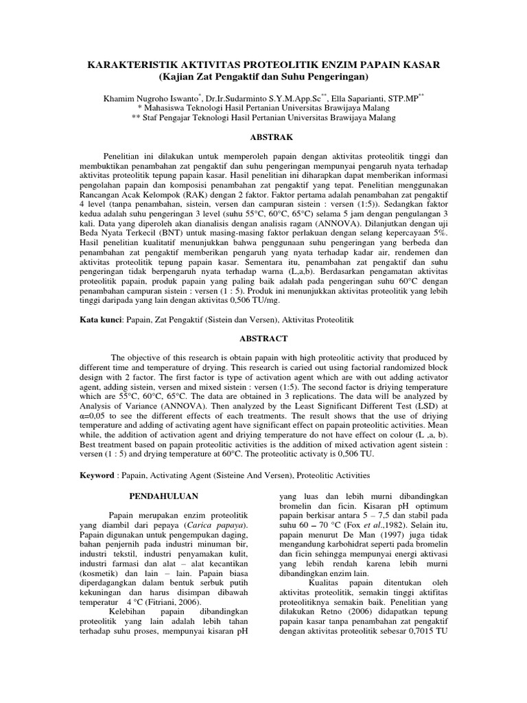 Karakteristik Aktivitas Proteolitik Enzim Papain Kasar Kajian Zat Pengaktif Dan Suhu Pengeringan ...