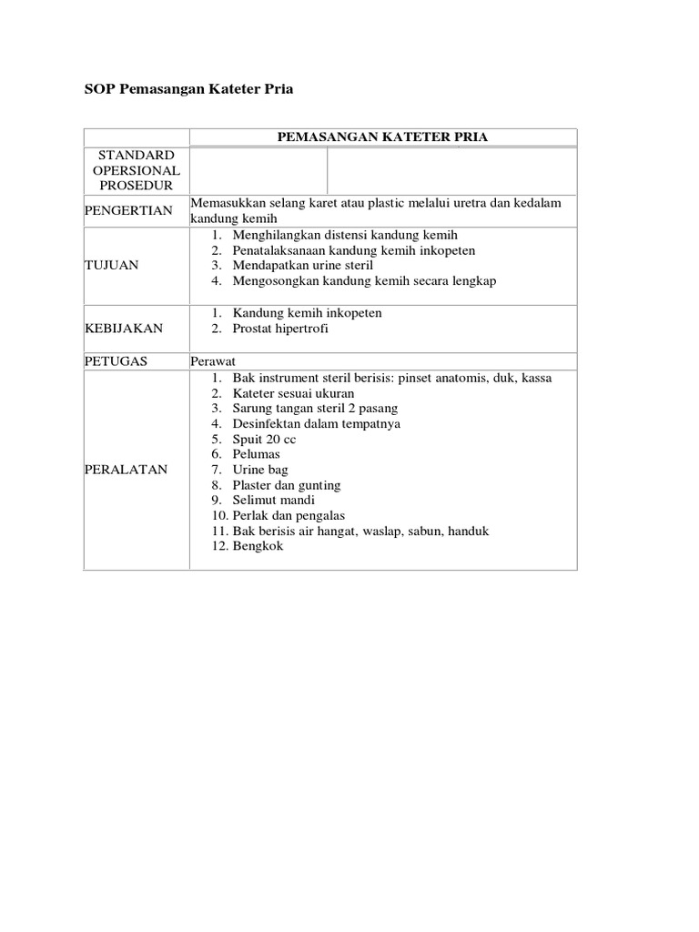 SOP Pemasangan Kateter Pria | PDF | Griya & Taman | Kesehatan Holistik