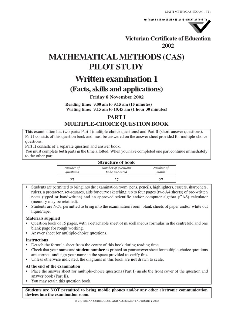 2002 Mathematical Methods (CAS) Exam 1 | PDF | Test (Assessment ...