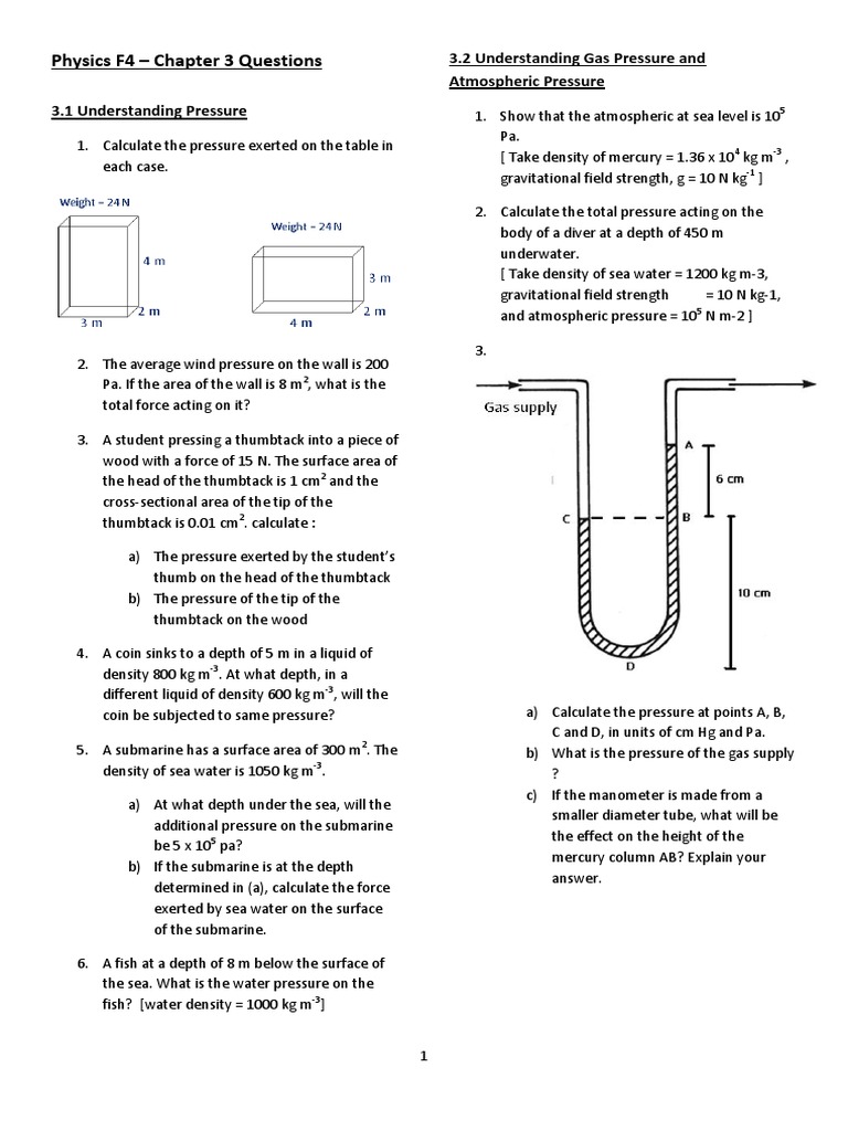 Physics Ch 3 Pressure Questions | PDF | Buoyancy | Pressure