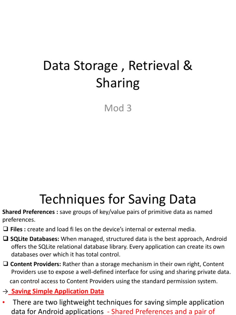 Android Data Storage, Retrieval & Sharing | Download Free PDF | Boolean Data Type | Databases