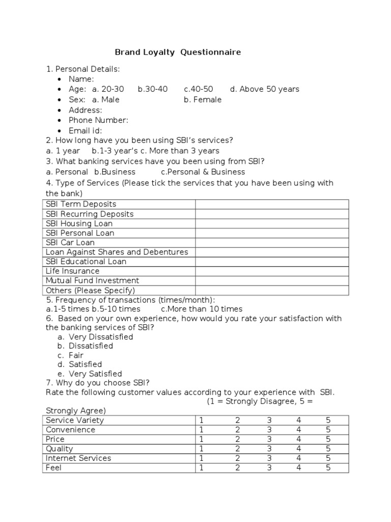 SBI Brand Loyalty Questionnaire | PDF | Banks | Brand