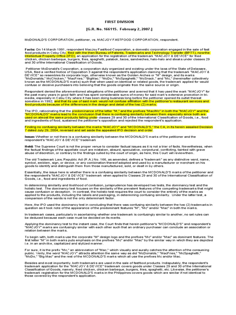 McDonald's vs. MacJoy | PDF | Trademark | Mc Donald's