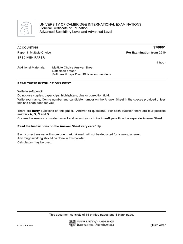 A Level Accounting Paper1 Specimen | PDF | Debits And Credits ...