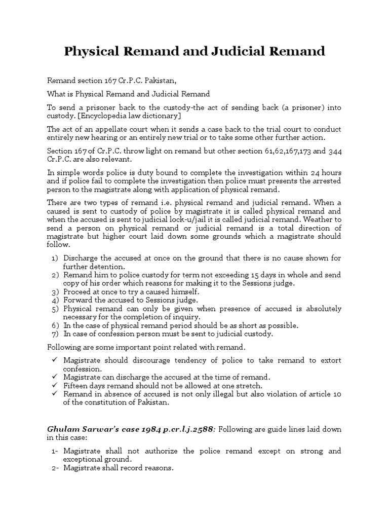 Physical vs. Judicial Remand in Pakistan | PDF | Remand (Detention ...
