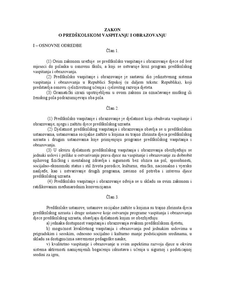 ZAKON o Predskolskom Vaspitanju I Obrayovanju | PDF