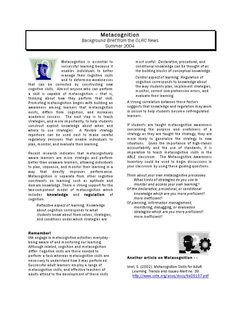 Metacognitive Awareness Questionnaire Metacognition Reading Comprehension