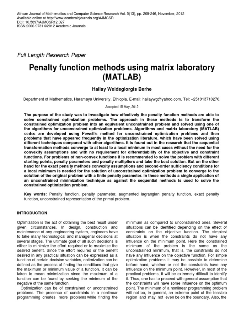 Penalty Function Methods Using Matrix Laboratory Matlab Pdf Mathematical Optimization