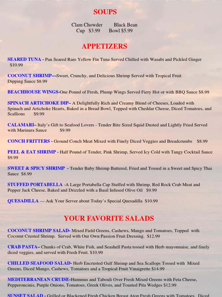 Beach House Restaurant Menu | PDF | Salad | Hamburgers