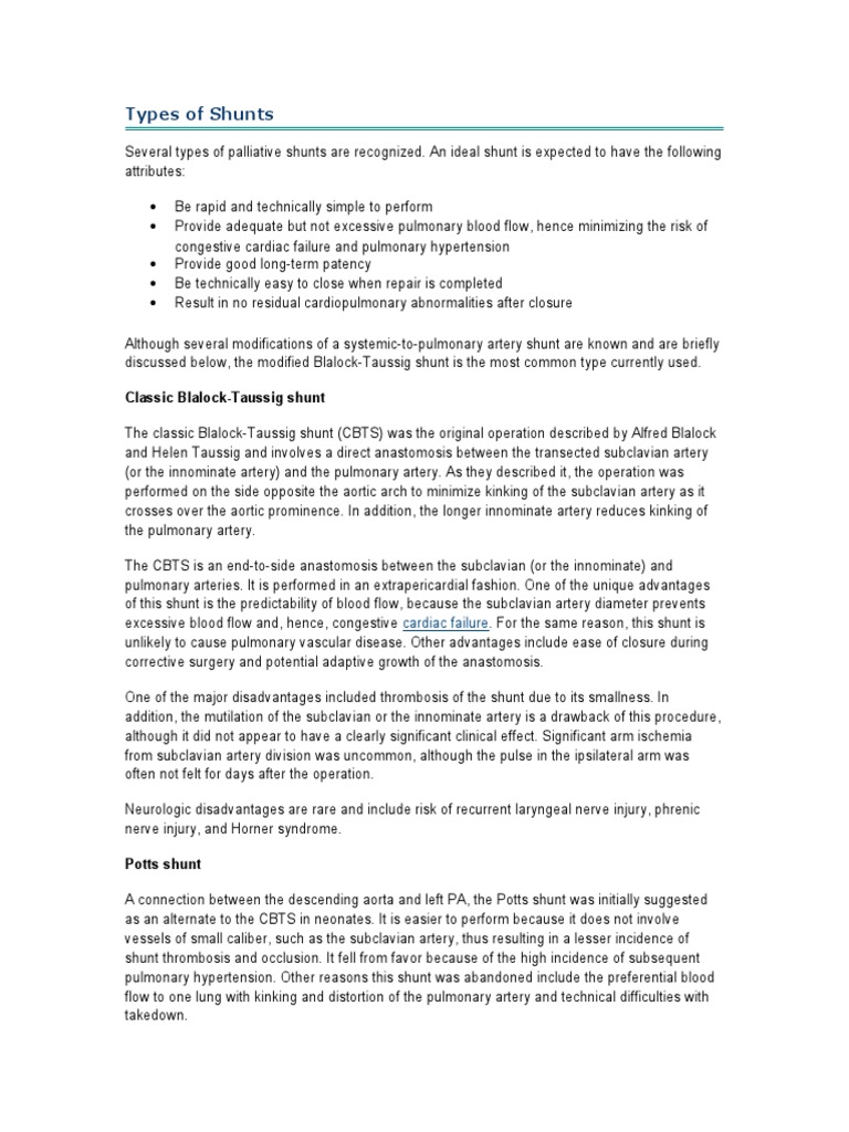 Types of Shunts.doc | Artery | Clinical Medicine