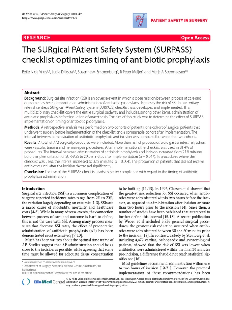 The SURgical PAtient Safety System (SURPASS) Checklist Optimizes Timing ...