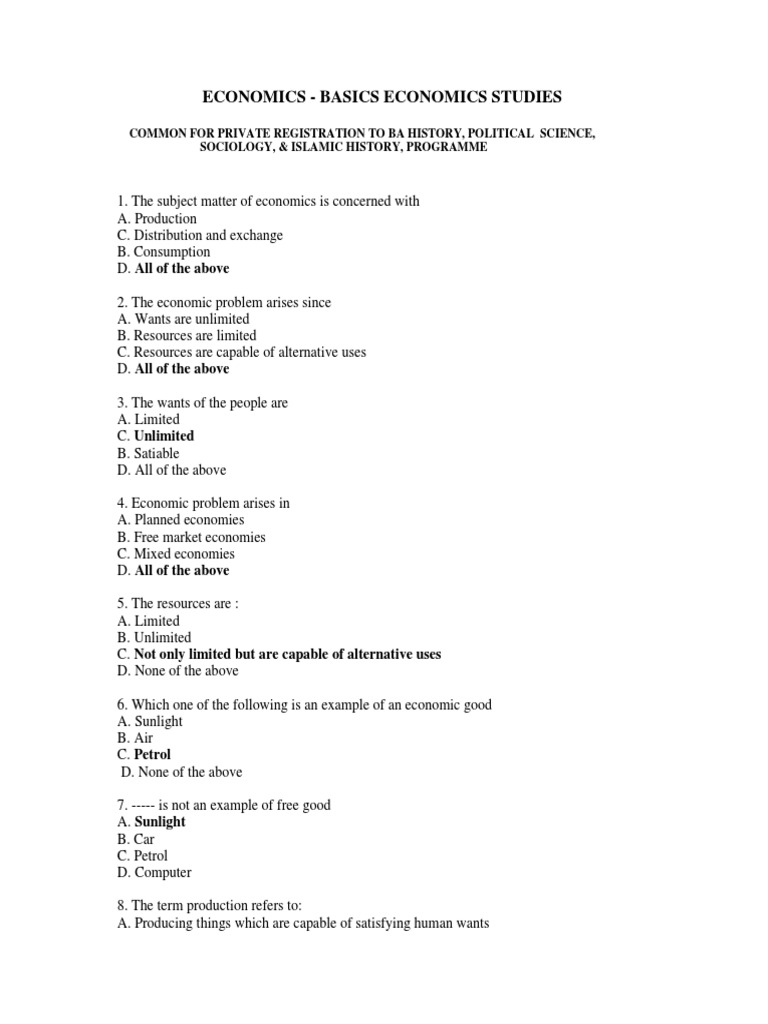 Economics MCQs for Basic Concepts | PDF | Demand | Price Elasticity Of ...