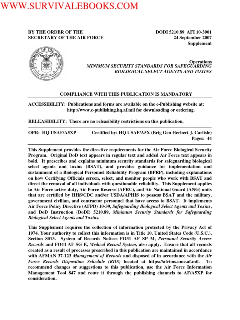 2007 Us Air Force Minimum Security Standards 4 Safeguarding Biological ...