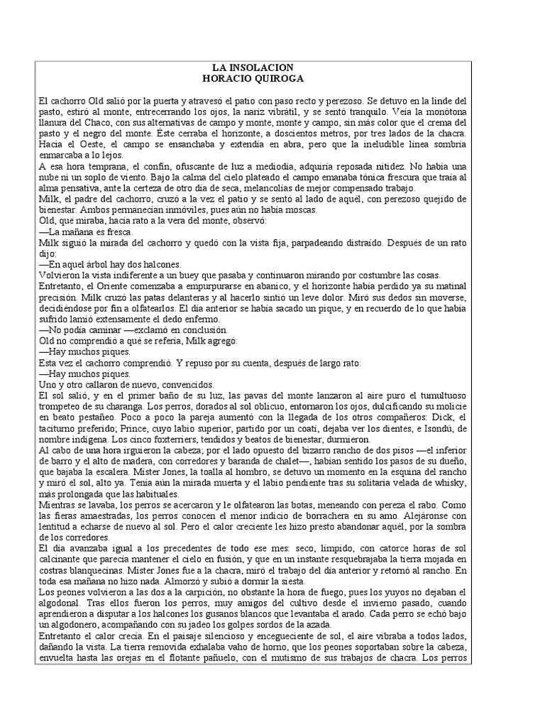 La Insolacion Horacio Quiroga | PDF