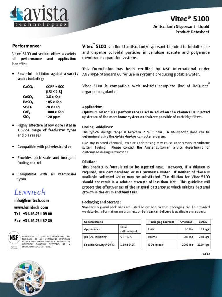 Vitec 5100 Antiscalant Datasheet L | Download Free PDF | Membrane | Water
