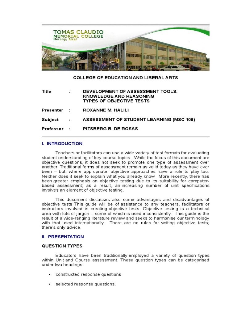 Types of Objective Tests | PDF | Educational Assessment | Multiple Choice