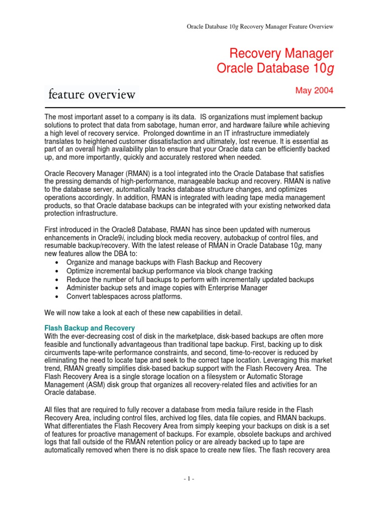 Oracle Database 10g Recovery Manager Feature Overview | PDF | Backup | Oracle Database