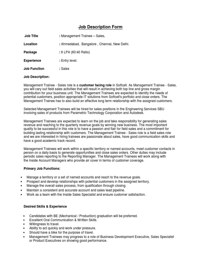 JD Management Trainee-Sales | PDF | Sales | Revenue