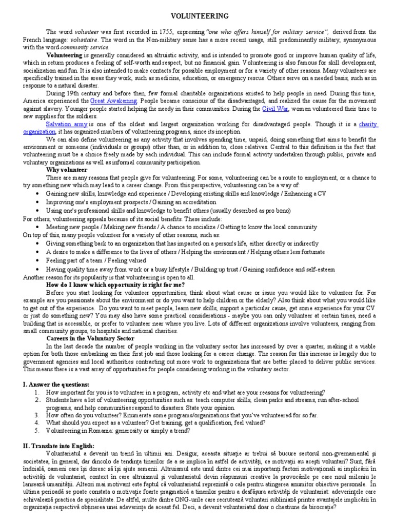 Volunteering - Worksheet | PDF | Volunteering | Society