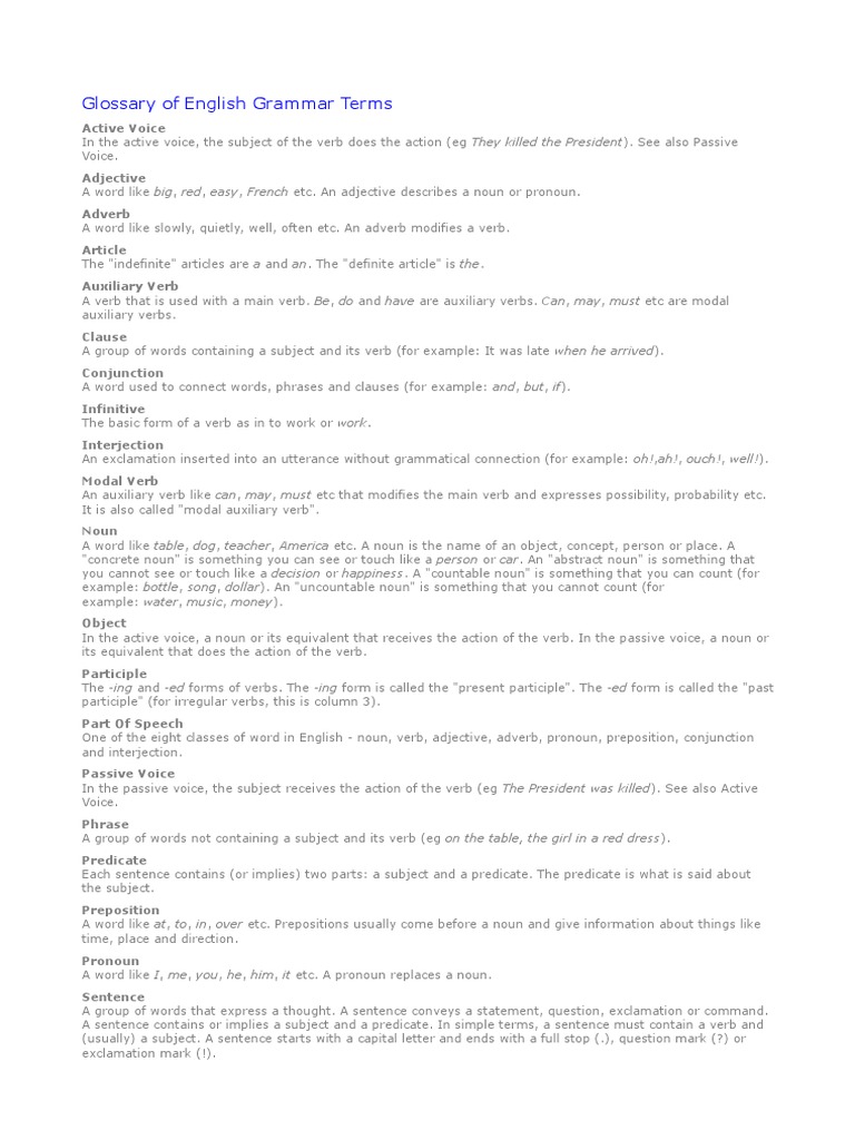 Glossary of English Grammar Terms | PDF | Verb | English Grammar