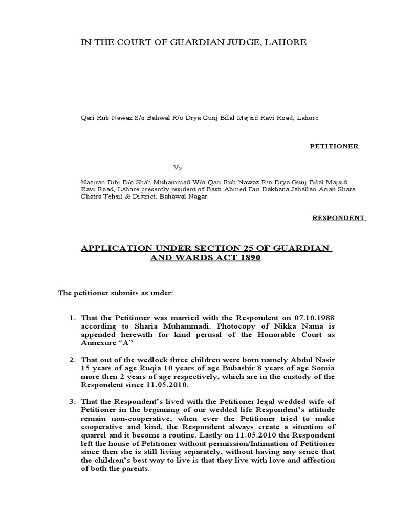 Application Under Section 25 of Guardian and Wards Act 1890 Q | PDF ...