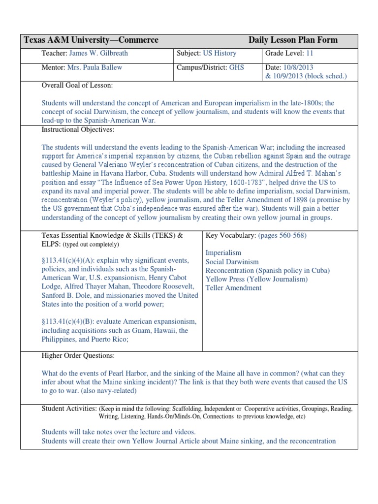 Spanish-American War Era - Day 1 Lesson Plan Final | PDF | Armed ...