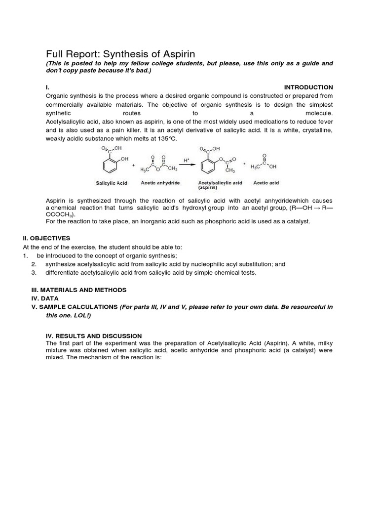 Full Report: Synthesis of Aspirin | PDF | Aspirin | Organic Compounds