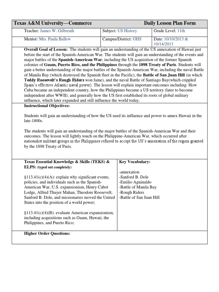 US History Lesson: Spanish-American War | PDF | Lecture | Behavior ...