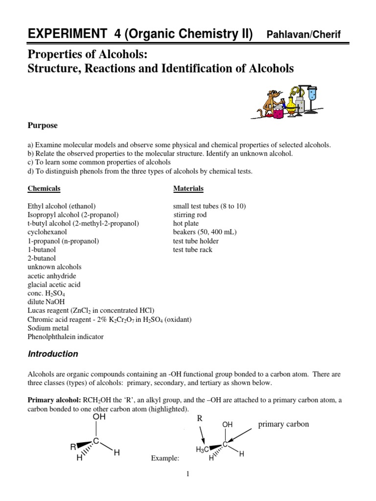 EXPERIMENT 4 (Organic Chemistry II) Properties of Alcohols: Structure ...