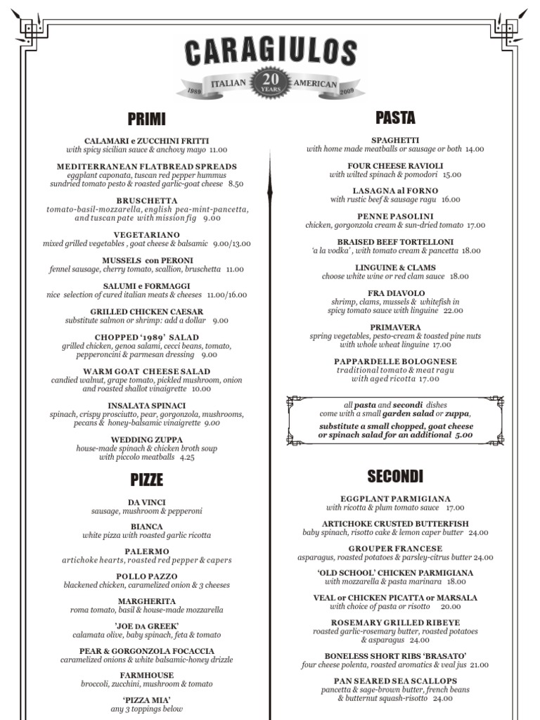 Caragiulos (Sarasota) Dinner Menu | PDF | Pizza | Cuisine